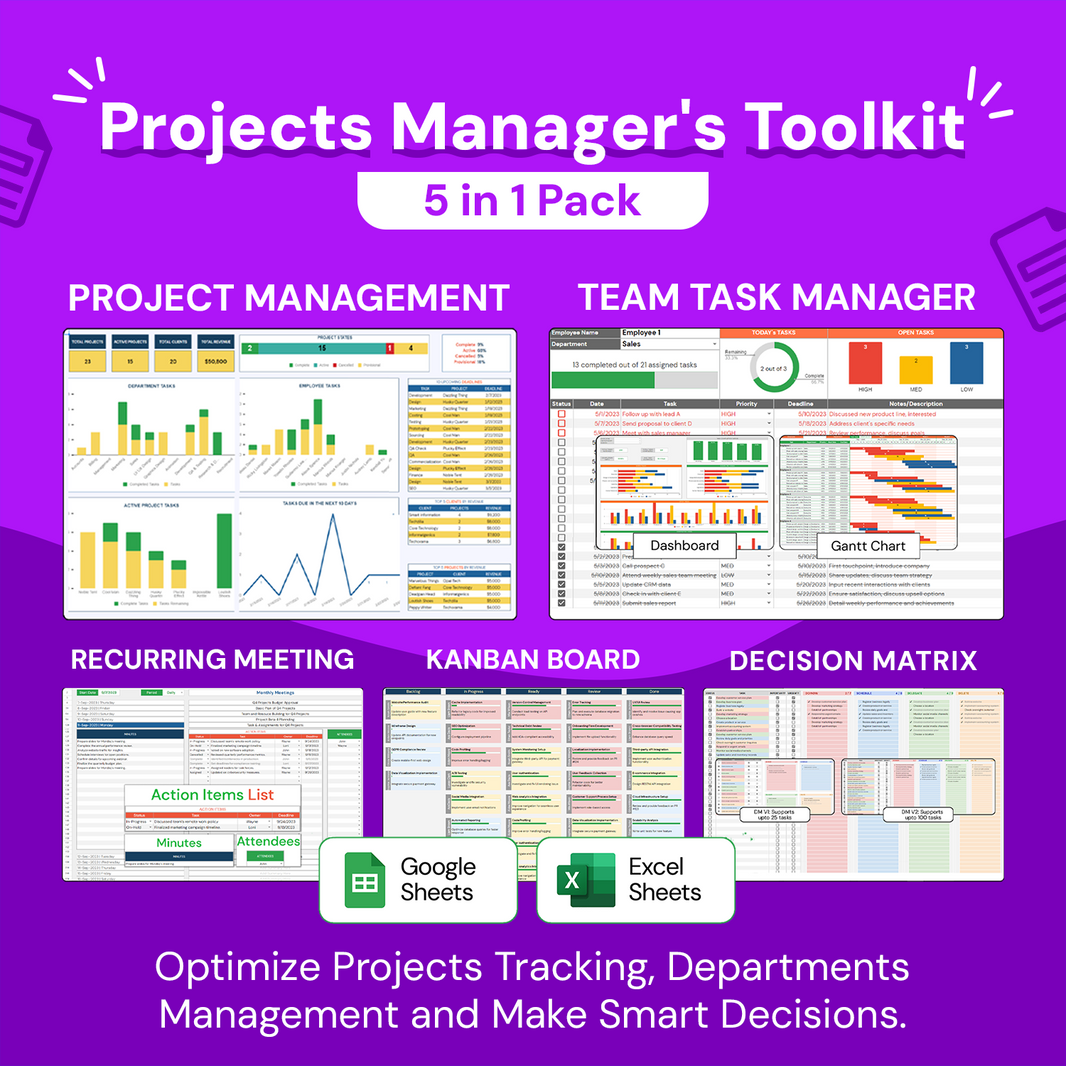 Projects Manager's Toolkit 5in1 Pack | Google Sheets & Excel Versions ...