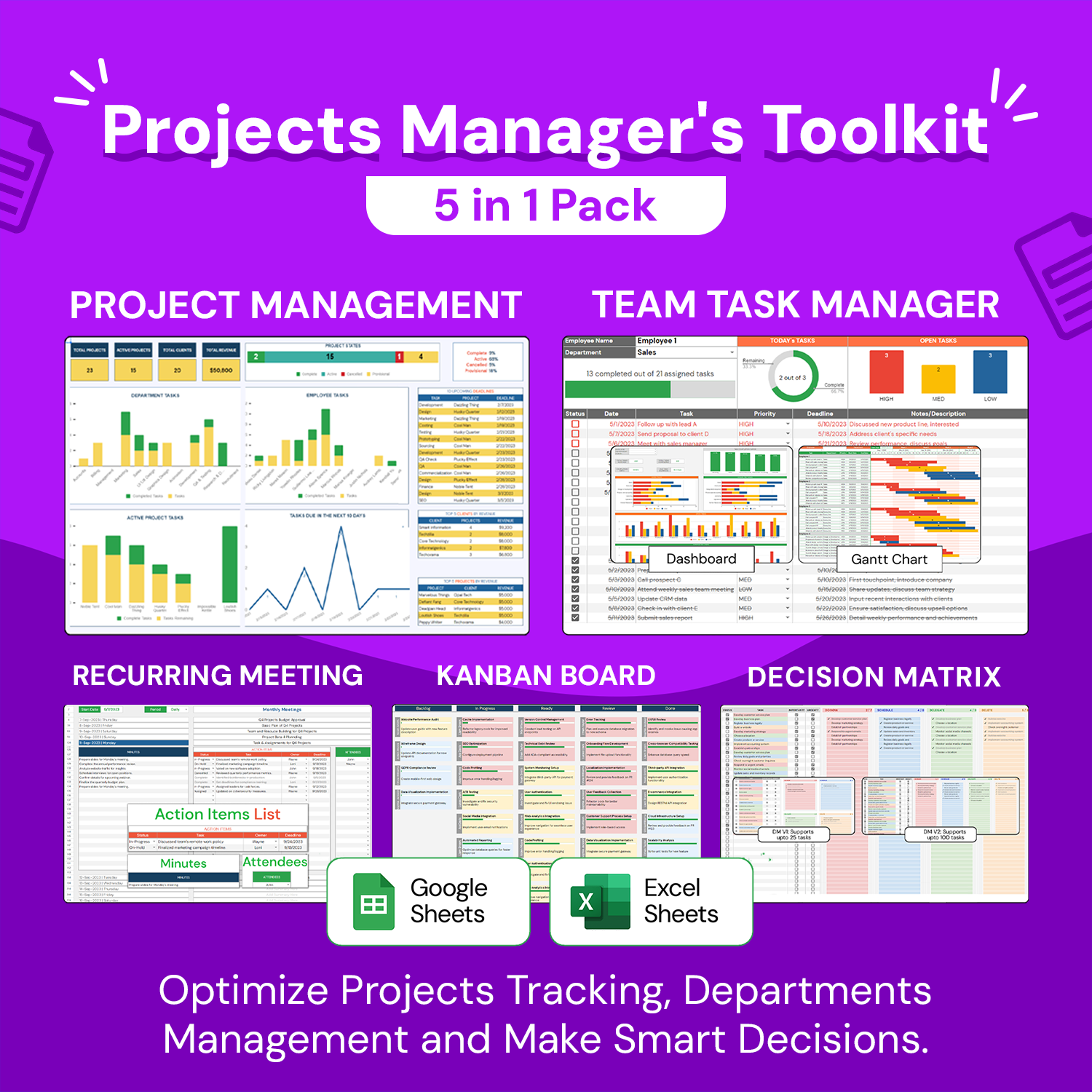 Projects Manager's Toolkit 5in1 Pack | Google Sheets & Excel Versions ...